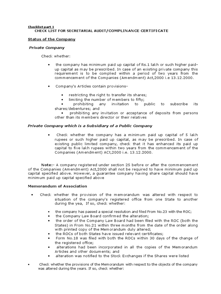 Checklist For Secretarial Audit & Com - Cert | PDF | Board Of Directors ...