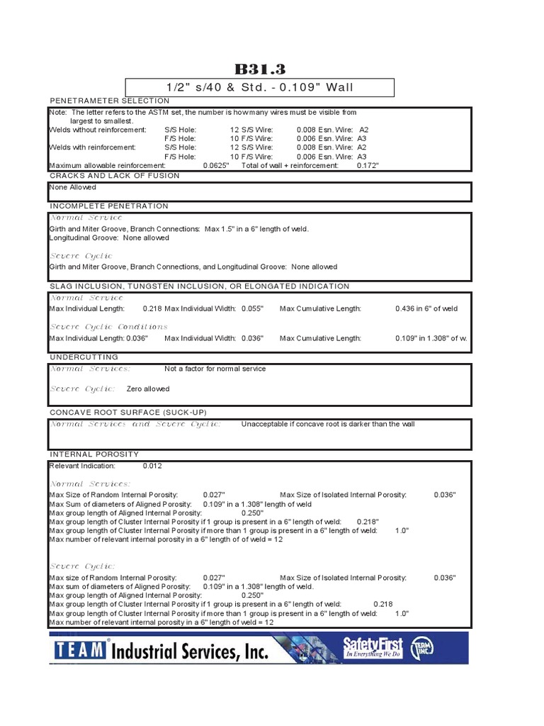 Asme b31.3 Acceptance RT Tabulated | PDF | Tungsten | Welding