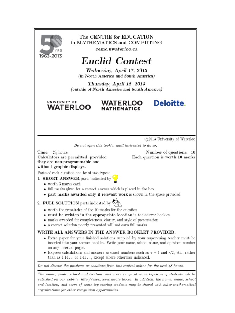 2013 Euclid Contest Instructions | PDF | Dice | Sequence