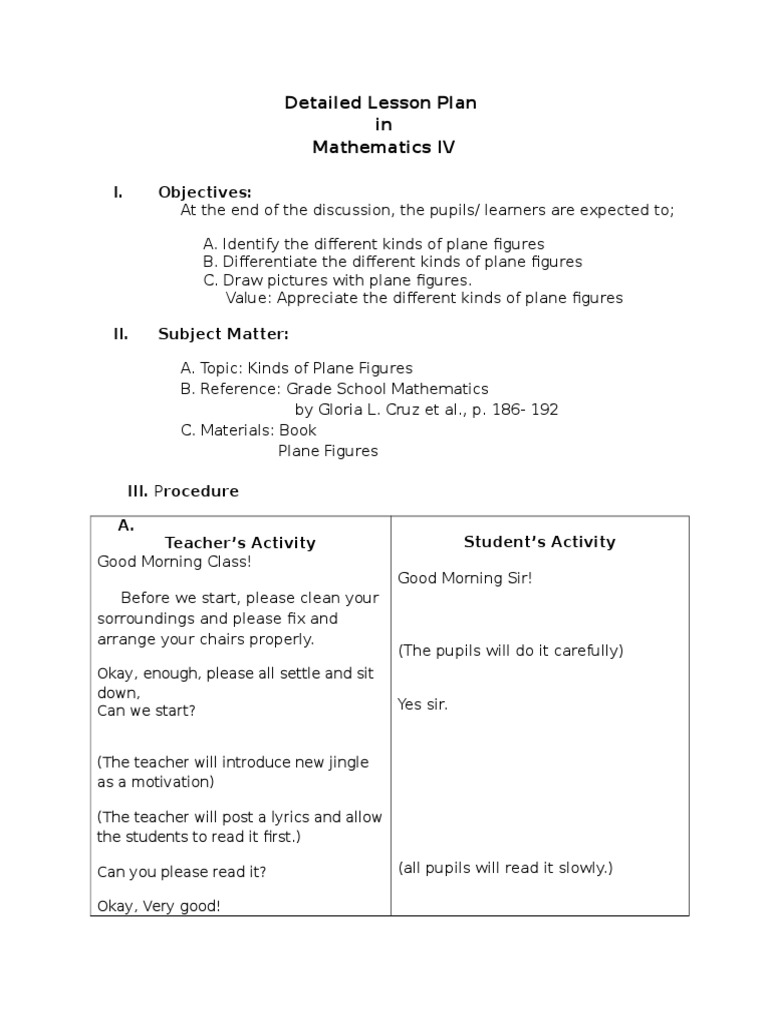 Detailed Lesson Plan in Mathematics IV (Plane Figures) | PDF ...