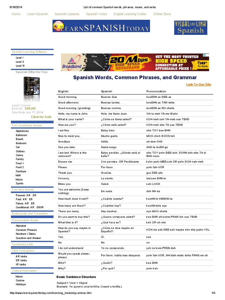 List of Common Spanish Words, Phrases, Nouns, and Verbs | PDF | Verb ...