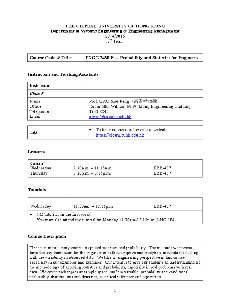 Engg2430f Outline | PDF | Probability Theory | Statistics
