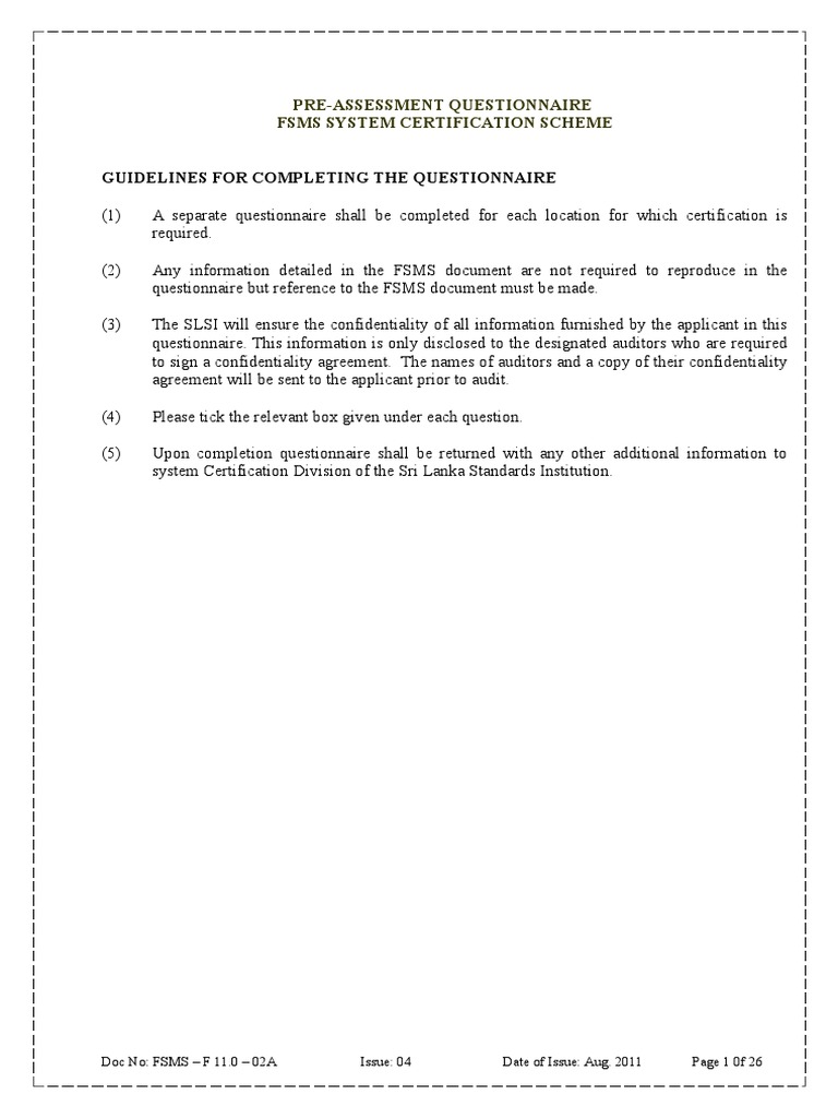 Pre Assessment Questionnaire-Fsms | PDF | Food Safety | Audit Pre Assessment Questionnaire-Fsms | PDF | Food Safety | Audit