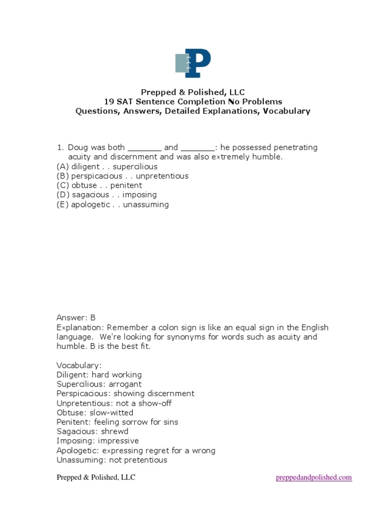 SAT Sentence Completion Practice Guide | PDF | Sentence (Linguistics ...