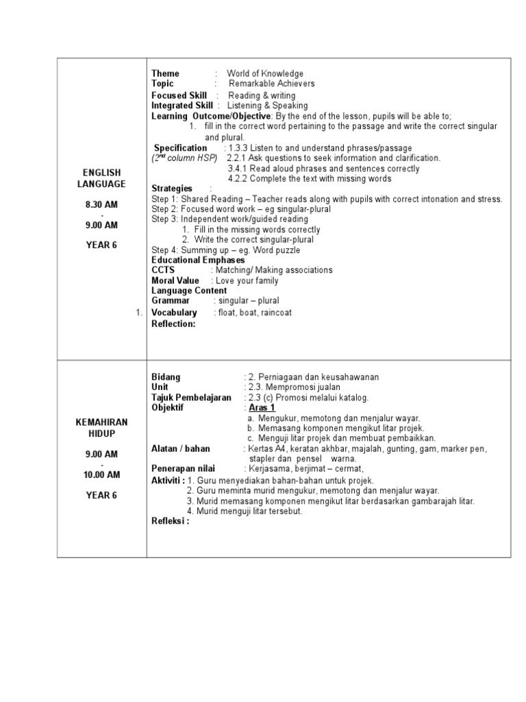 RPH English KSSR Day 1 | PDF | English Language | Educational Technology