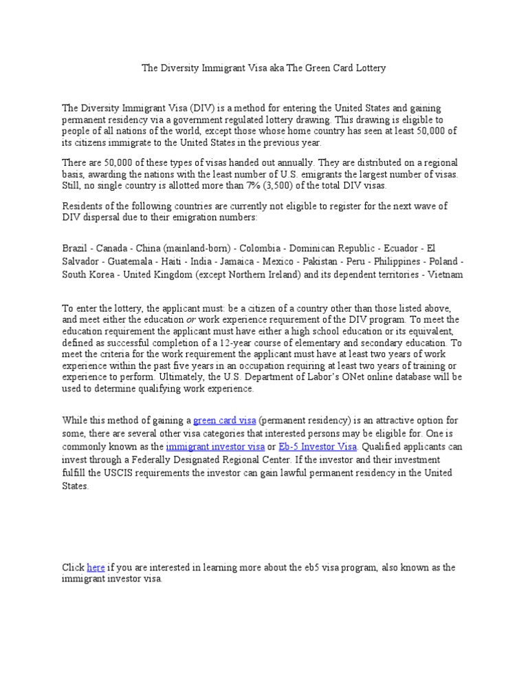 The Diversity Immigrant Visa Aka The Green Card Lottery | PDF | Social ...