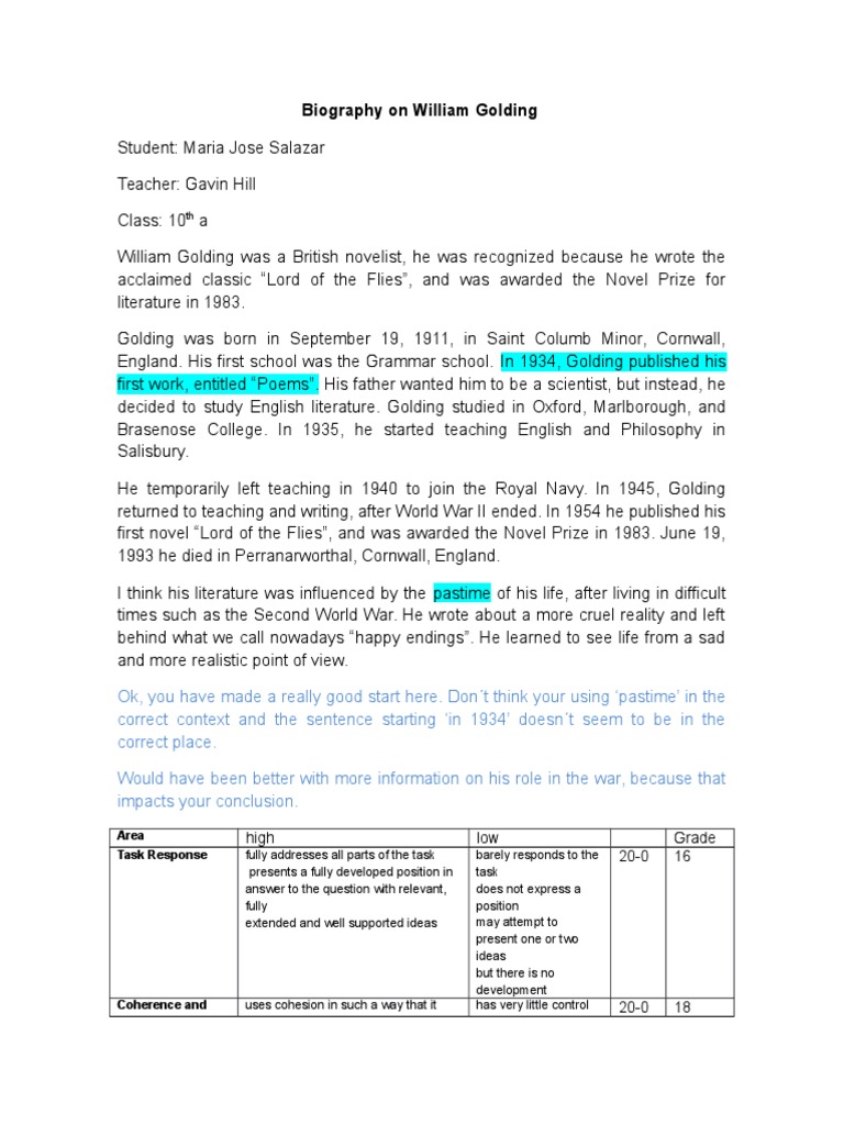 Biography On William Golding Maria Salazar | PDF | Cognition | Human ...