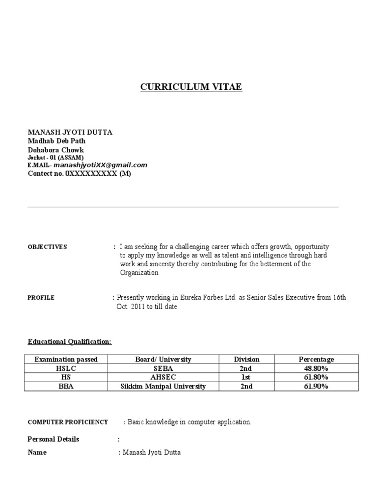 Curriculum Vitae: Jorhat - 01 (ASSAM) E.Mail | PDF | Career & Growth ...