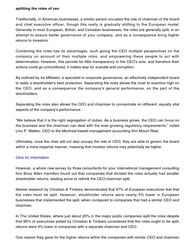 Splitting The Roles of CEO and Chairman | Download Free PDF | Corporate ...