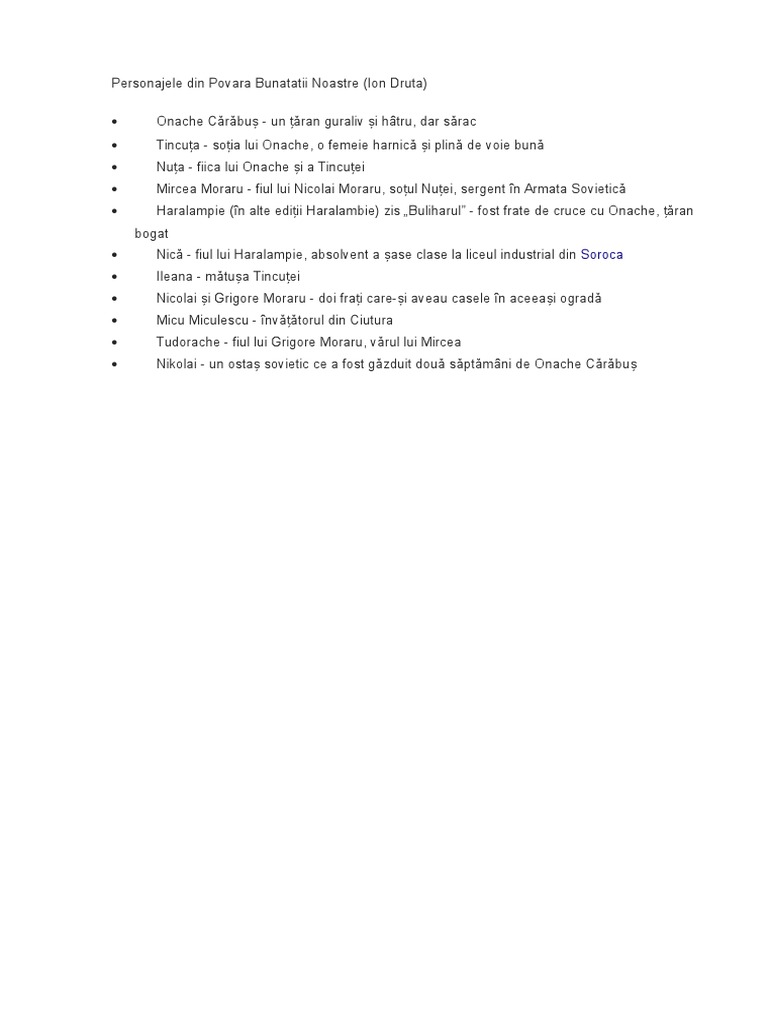Personajele Din Povara Bunatatii Noastre | PDF