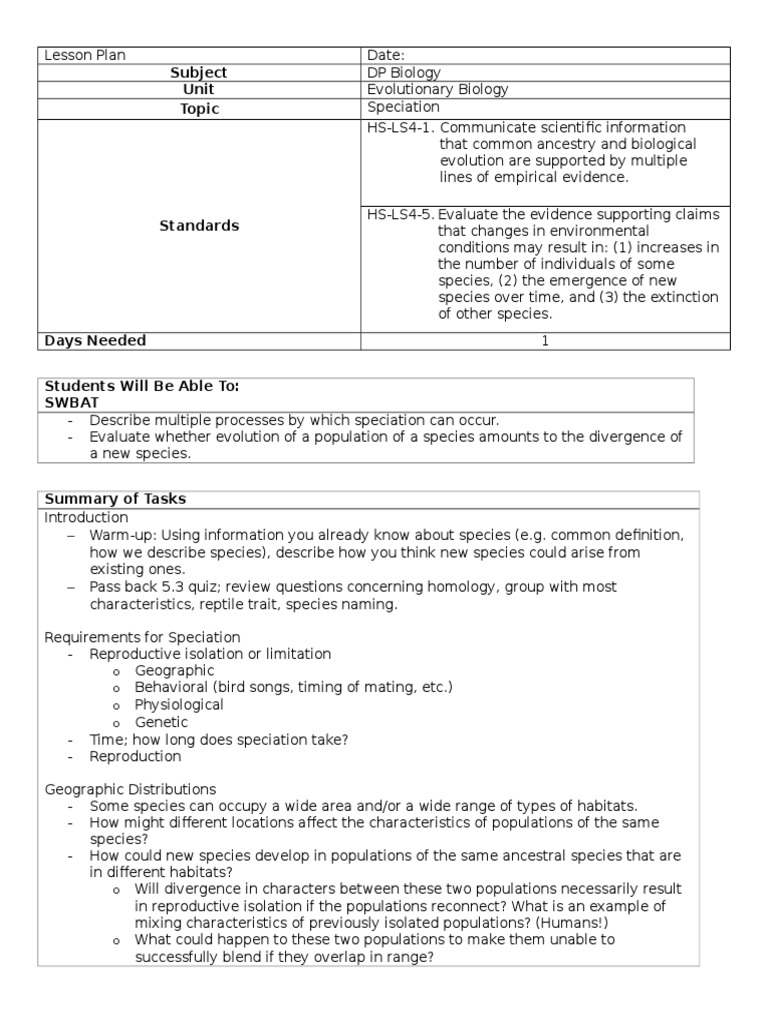 Speciation Lesson Plan Overview | PDF | Species | Evolution
