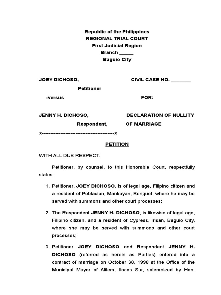 Petition for Declaration of Nullity of Marriage