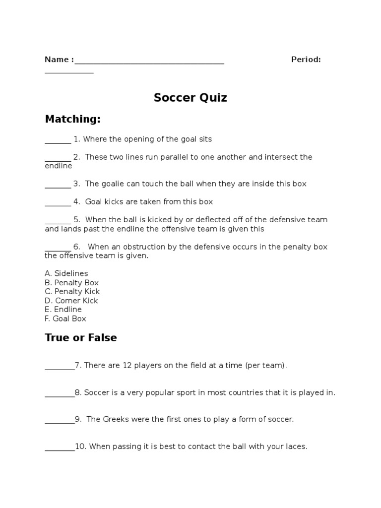 Soccer Quiz | PDF | Sports & Recreation | Teaching Methods & Materials
