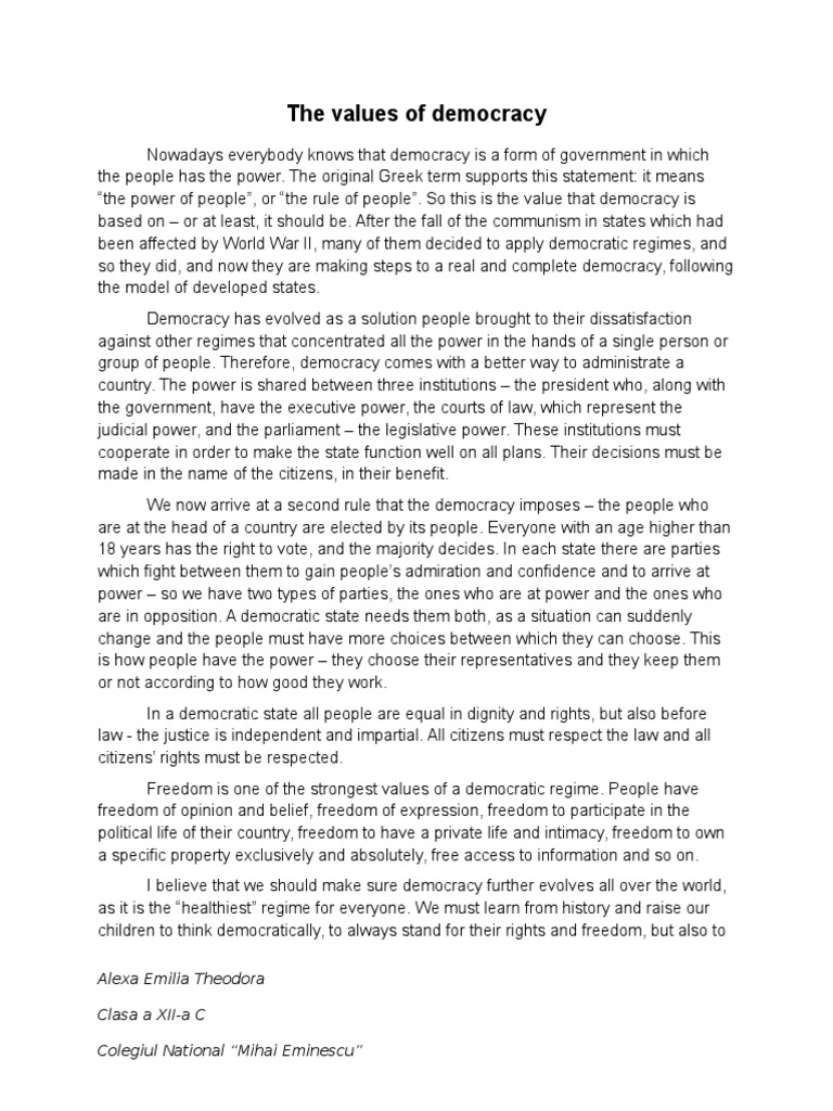 The Values of Democracy | PDF | Democracy | Political Ideologies