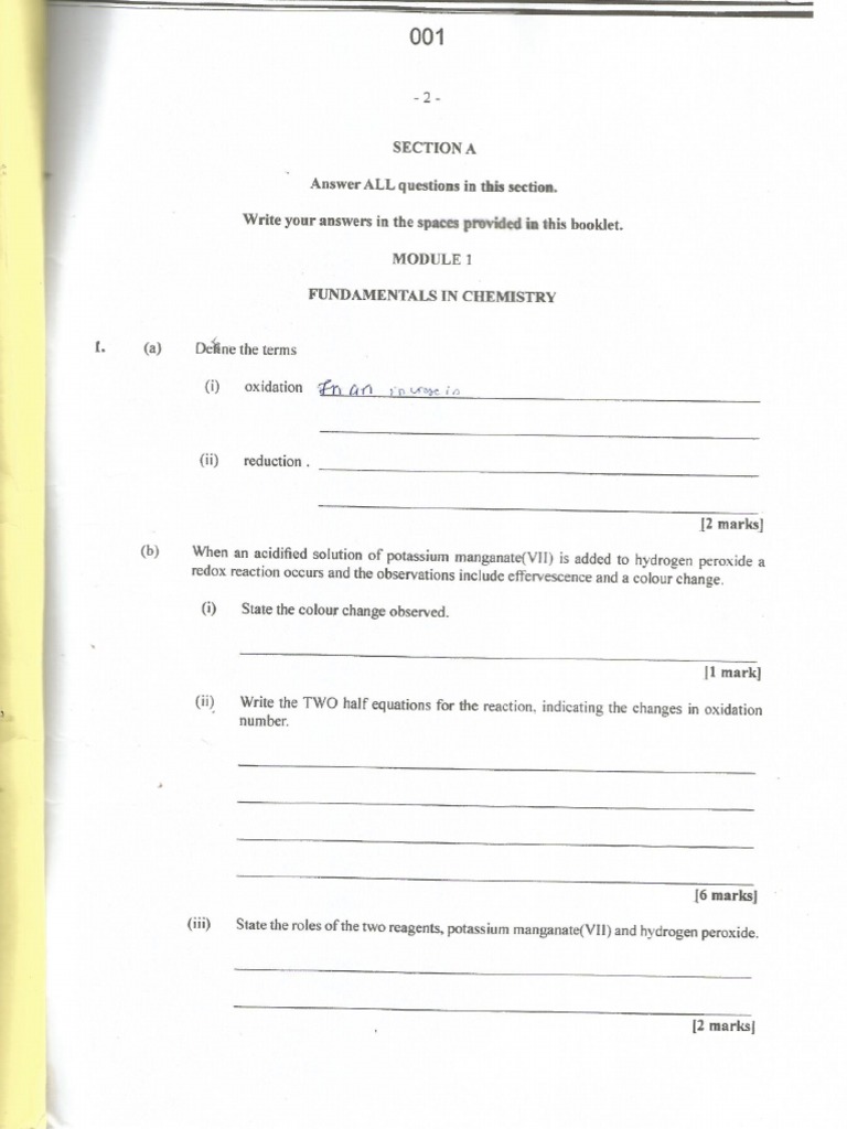 Cape Chemistry Past Paper Booklet Unit One Paper Two | PDF