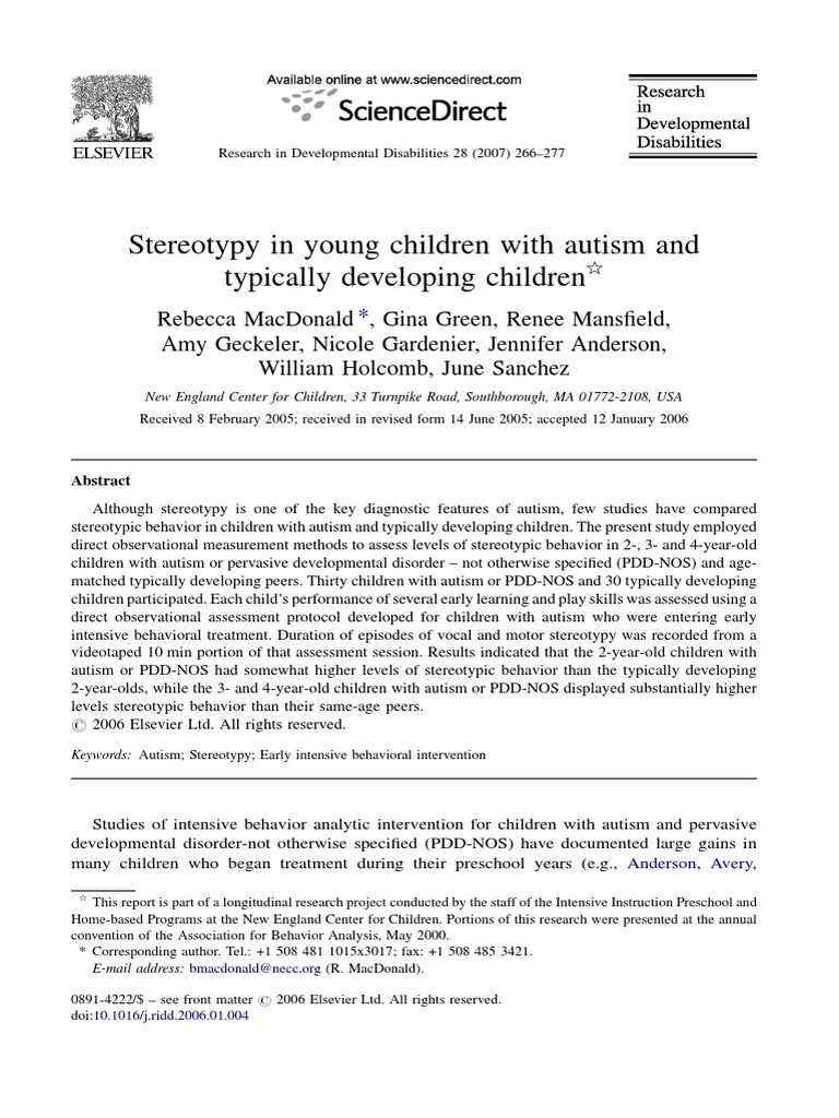 Stereotypy in Young Children With Autism | PDF | Autism | Intellectual ...
