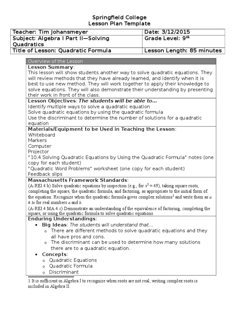Quadratic Formula Lesson Plan | Quadratic Equation | Equations