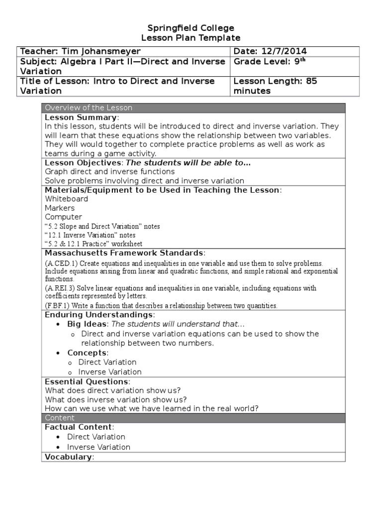 Direct and Inverse Varation Lesson Plan | Download Free PDF | Lesson ...