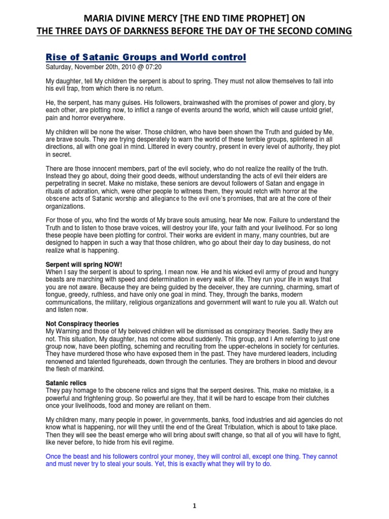 Maria Divine Mercy On The Three Days of Darkness | PDF | Second Coming ...