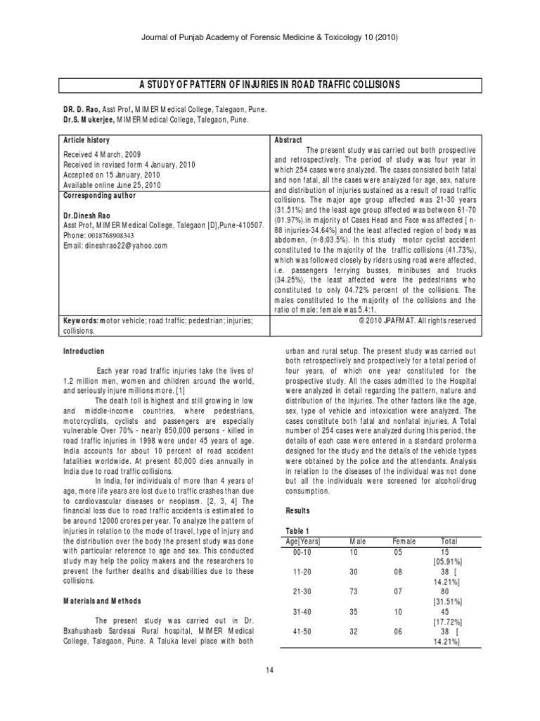 A Study of Pattern of Injuries in Road Traffic Collisions | PDF ...