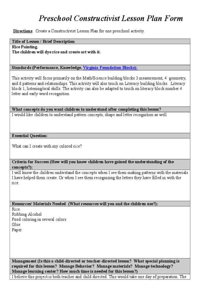 Preschool Constructivist Lesson Plan Blank Form | Lesson Plan ...