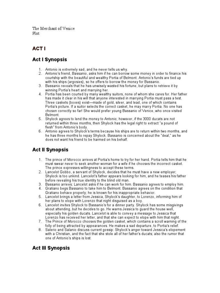 Merchant of Venice: Act Summaries | PDF | The Merchant Of Venice