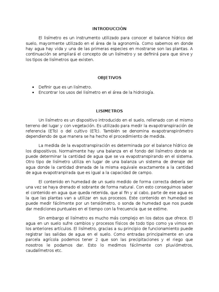 ¿Qué es un lisímetro y su uso? | PDF | Evapotranspiración | Agua
