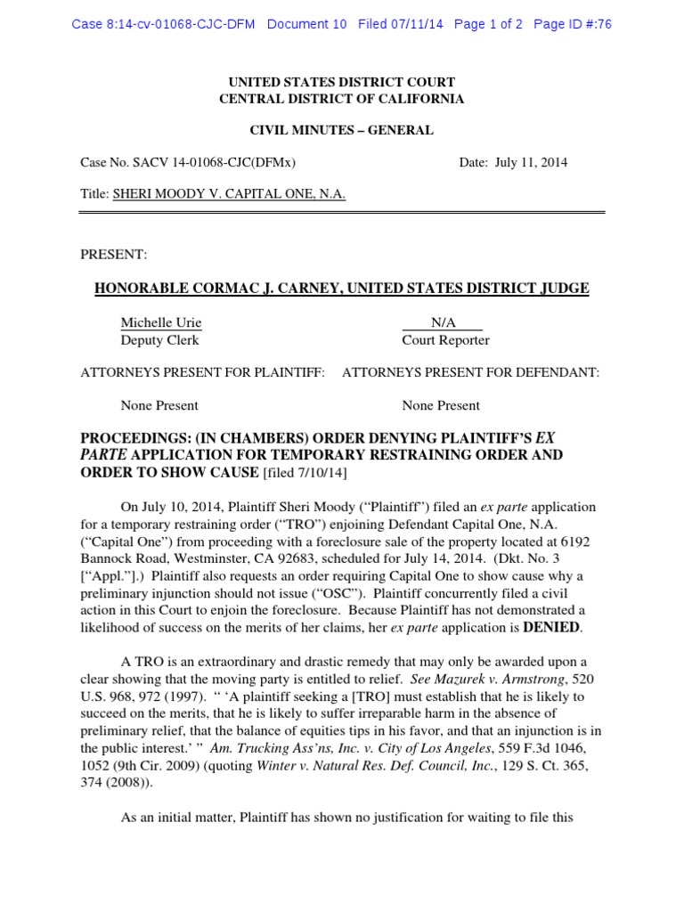 Court Denies TRO in Moody v. Capital One | PDF | Injunction | Foreclosure
