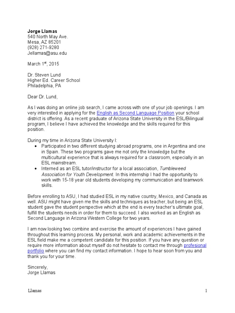 ESL Cover Letter by ASU Graduate | PDF | Career & Growth | Language ...