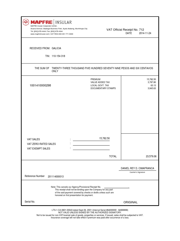 VAT Official Receipt for Insurance Payment | PDF
