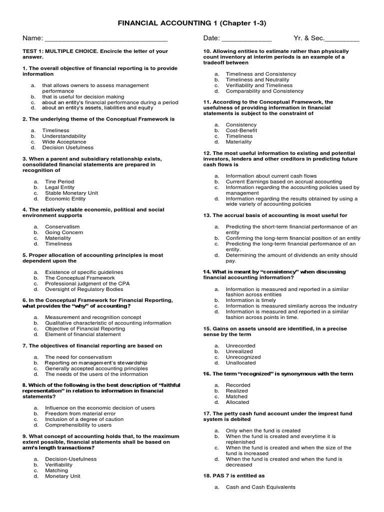 Financial Accounting Test 1 Overview Pdf Financial Statement