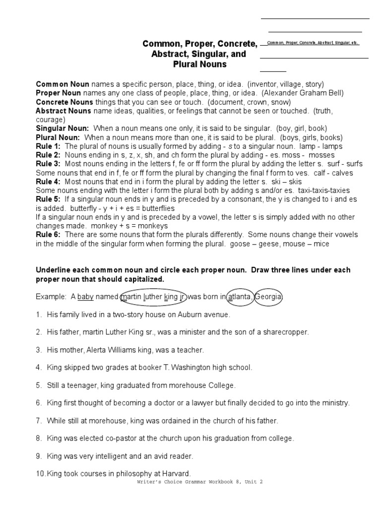Proper, Common, Concrete, Abstract, Singular, Plural Nouns | PDF ...