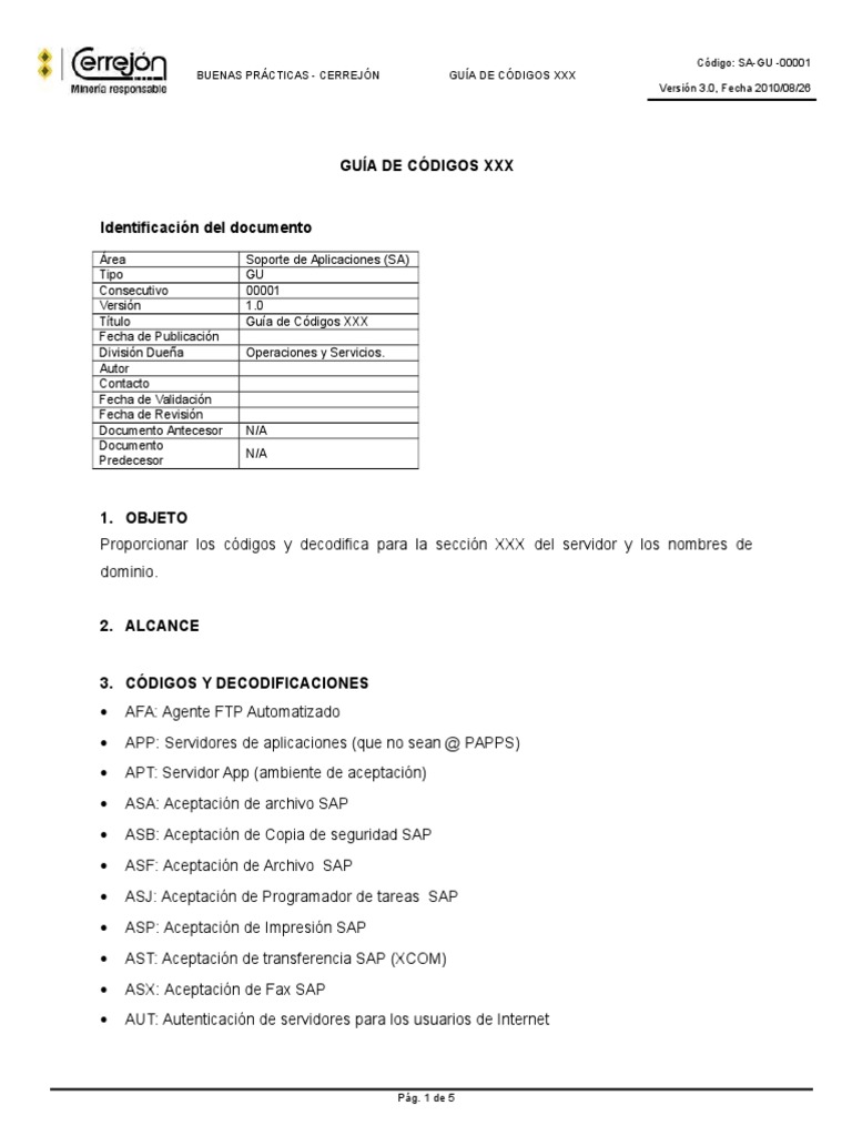 SA-GU-00001 Guía de Códigos XXX | PDF | Servidor (Computación) | Red ...