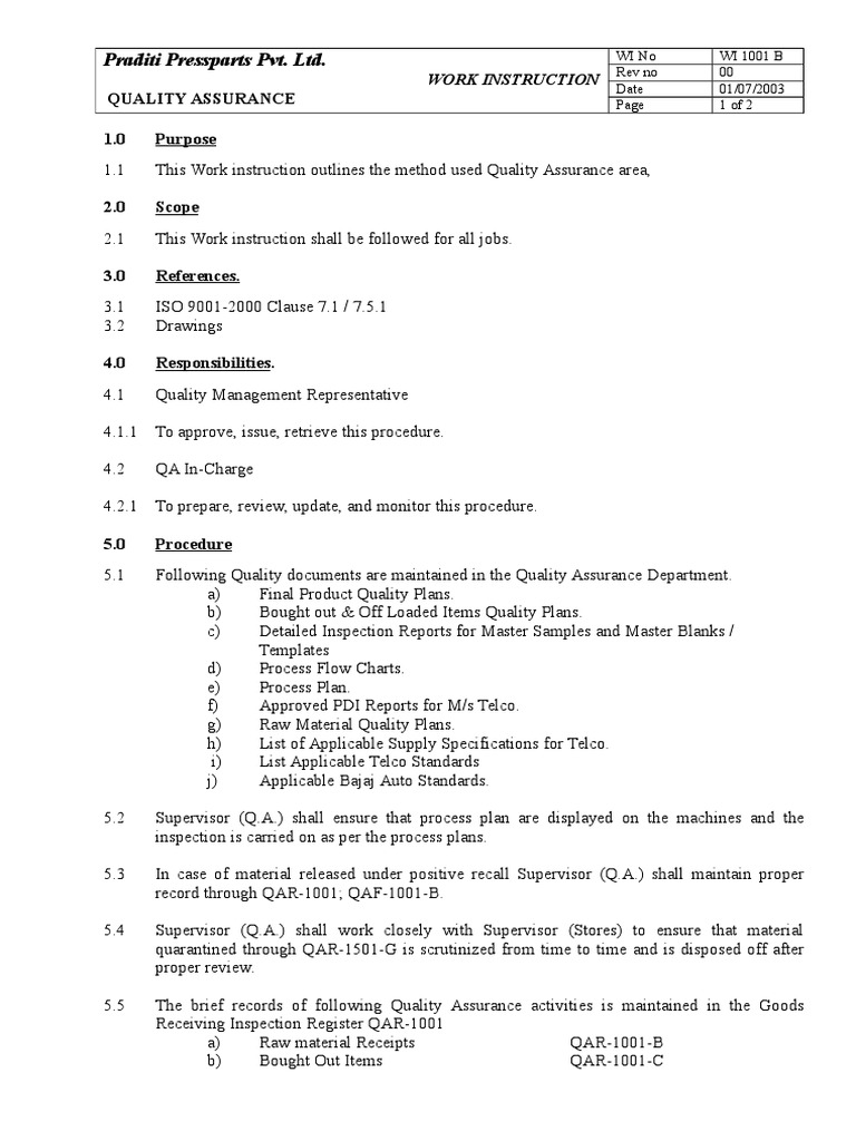 QUALITY ASSURANCE.doc | Quality Assurance | Production And Manufacturing