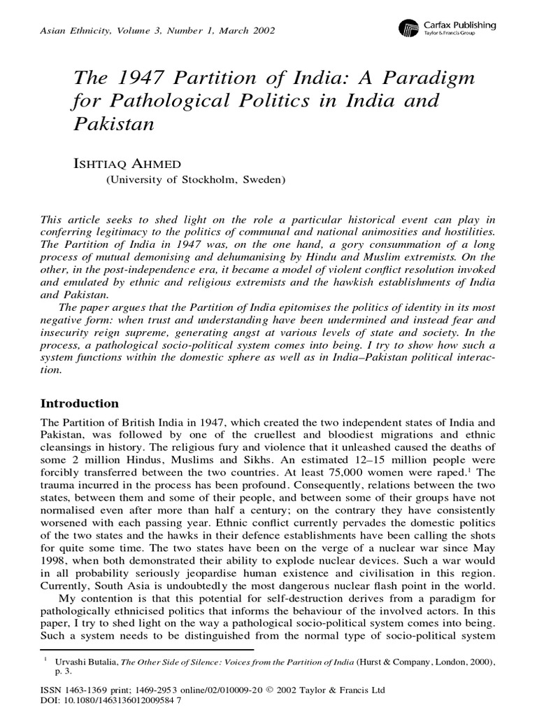 The 1947 Partition of India by Ishtiaq Ahymad | PDF | Partition Of ...