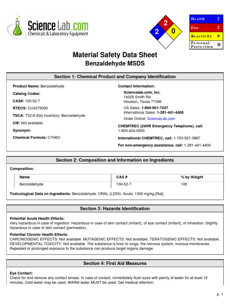Benzaldehyde MSDS: Section 1: Chemical Product and Company ...