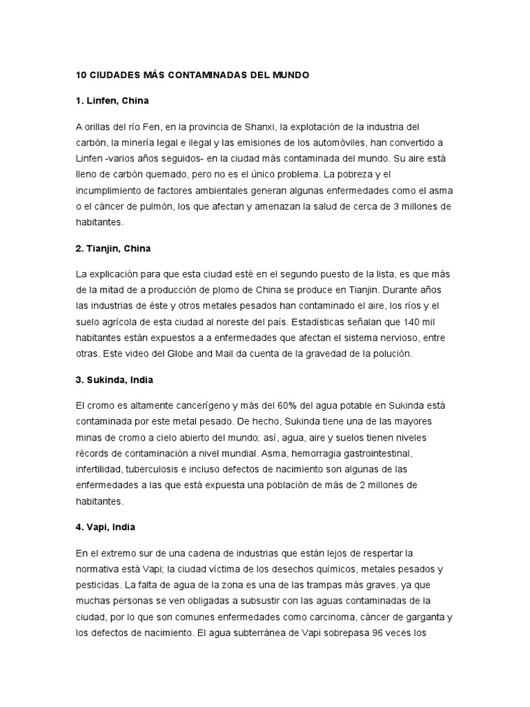 10 Ciudades Más Contaminadas Del Mundo | PDF | Contaminación | Minería