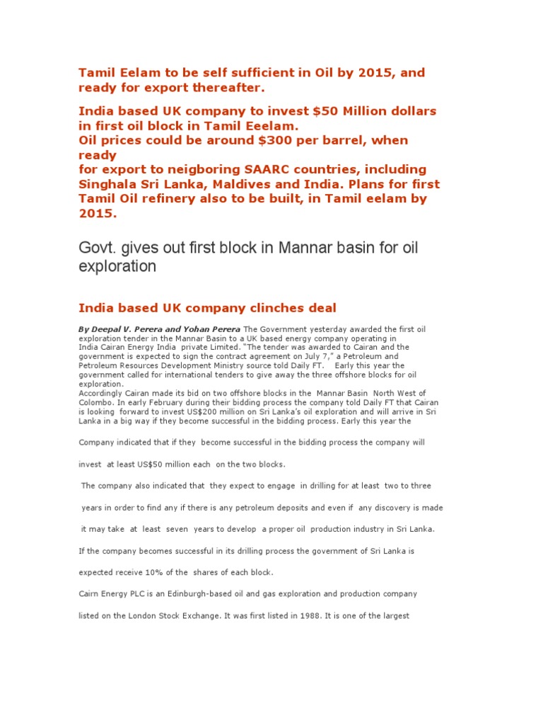 Govt. Gives Out First Block in Mannar Basin For Oil Exploration | PDF ...
