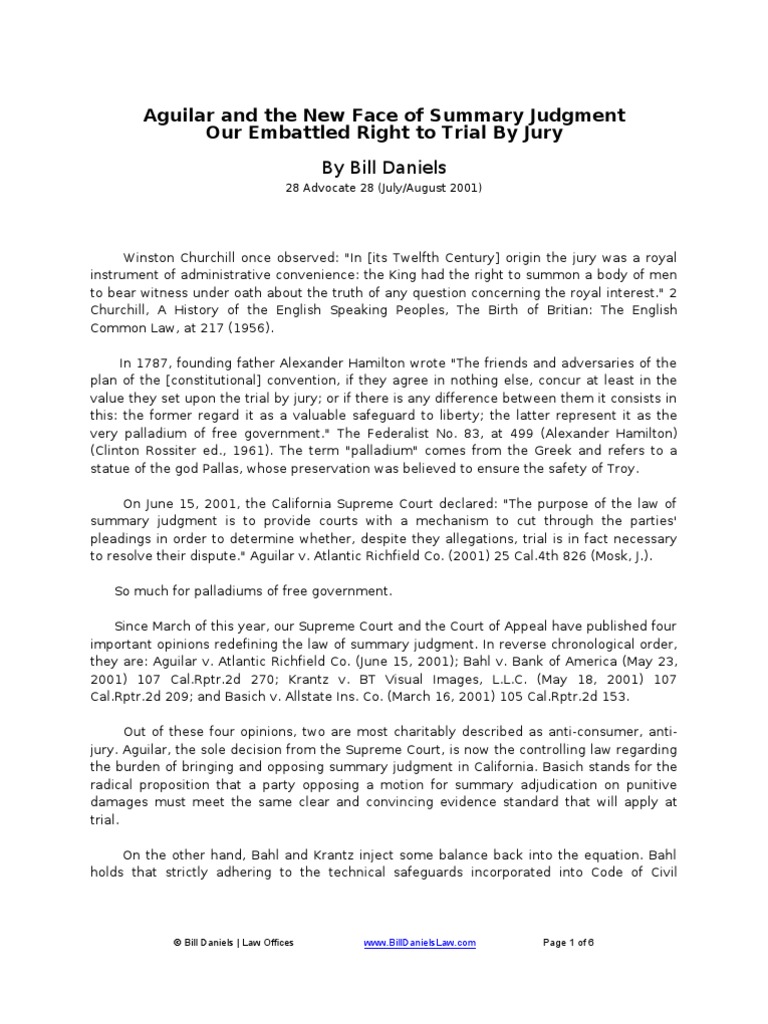 Aguilar and The New Face of Summary Judgment - Our Embattled Right To Trial by Jury | PDF ...