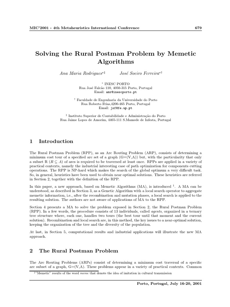 Solving The Rural Postman Problem by Memetic Algorithms: Ana Maria Rodrigues Jos e Soeiro ...