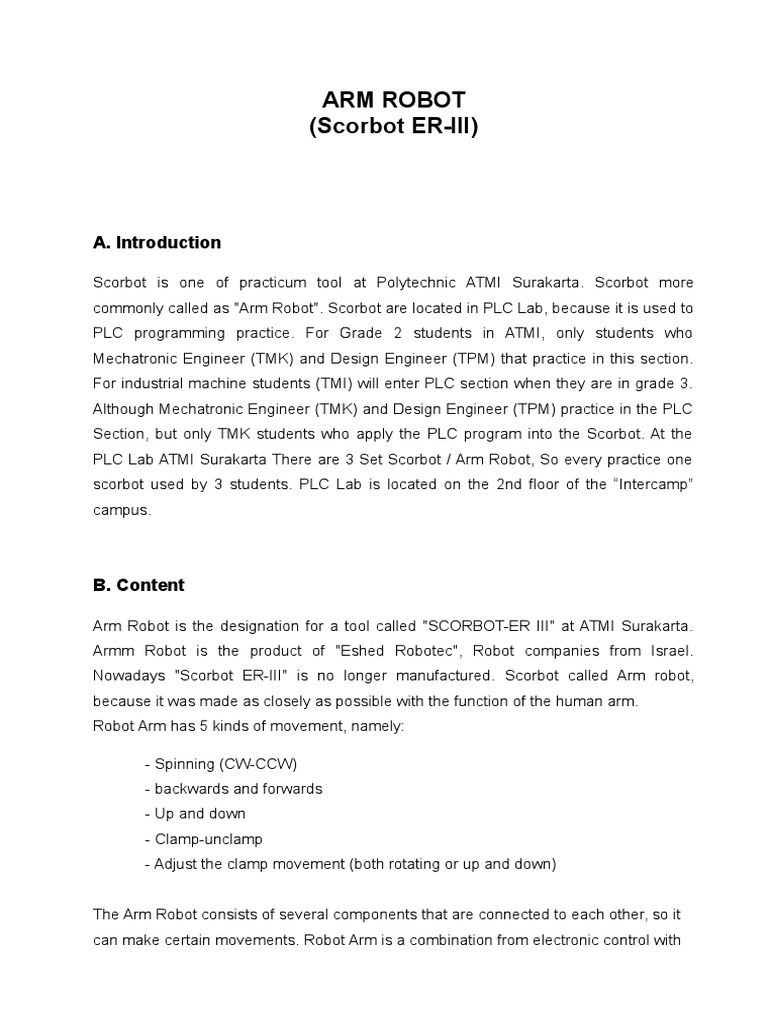 Arm Robot (Scorbot ER-III) : A. Introduction | PDF | Robot | Robotics