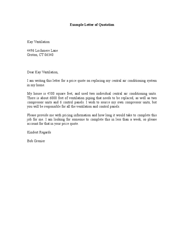 Quotation Sample Letter To Customer