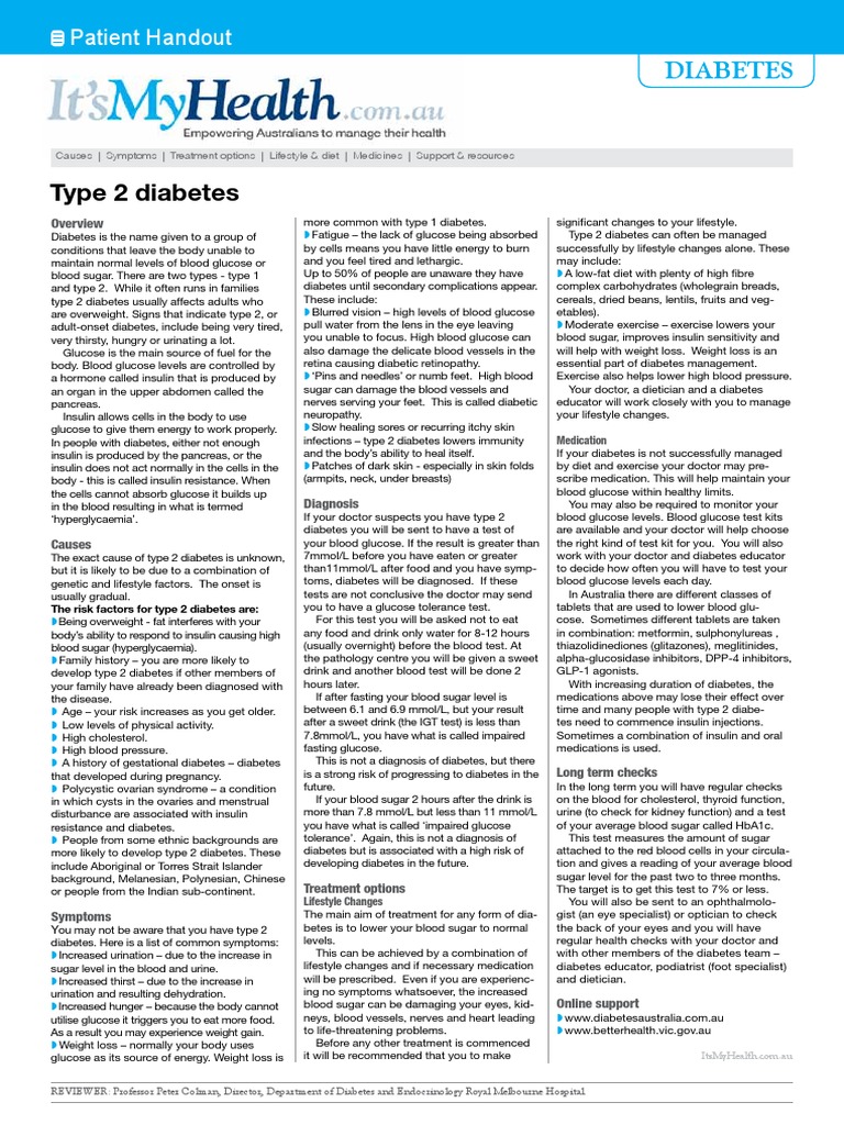 Type2 Diabetes Handout | PDF | Diabetes Mellitus Type 2 | Blood Sugar