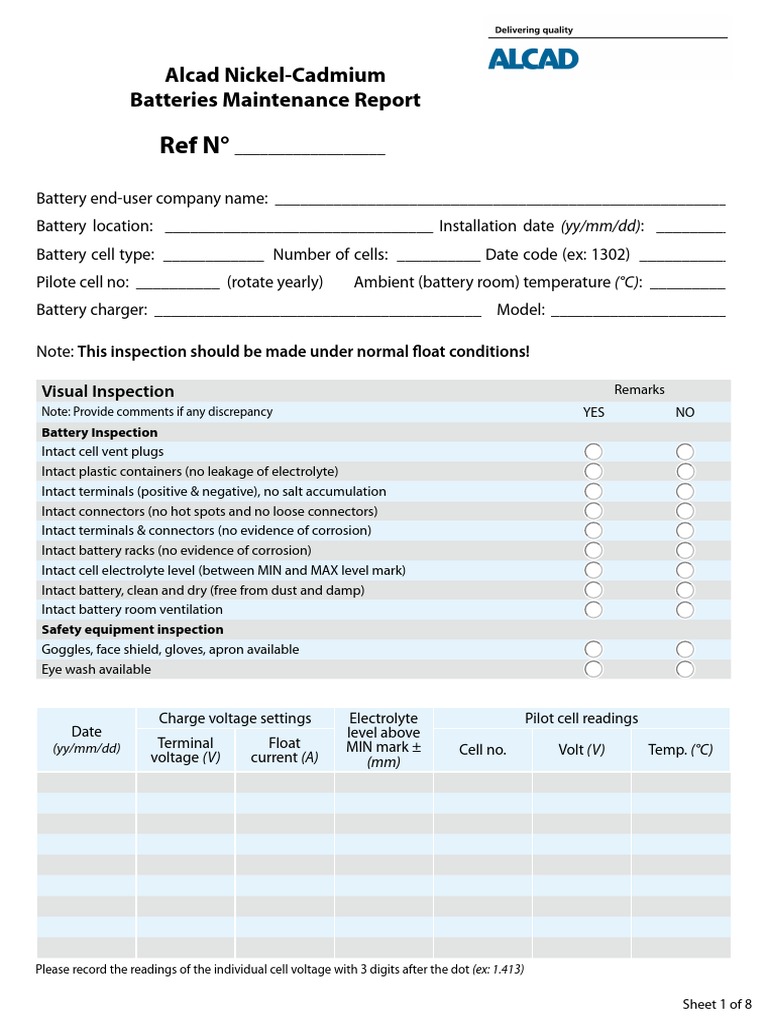 Ref N°: Alcad Nickel-Cadmium Batteries Maintenance Report | PDF ...
