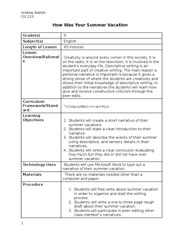 Summer Vacation Narrative Assignment | PDF | Rubric (Academic) | Narrative