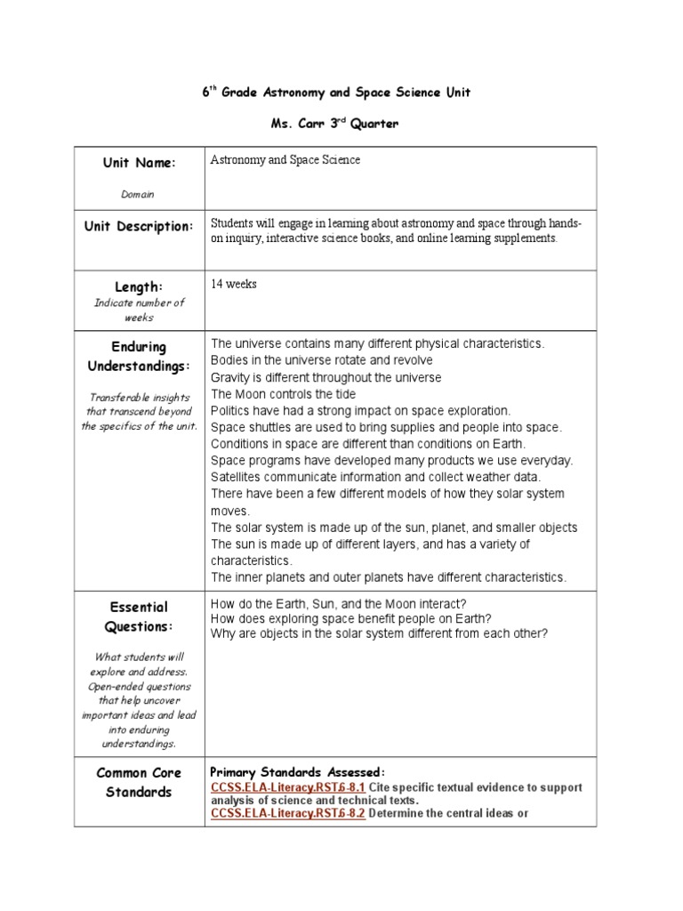 6th Grade Astronomy and Space Science Chapter 1-3 Unit Plan | PDF ...