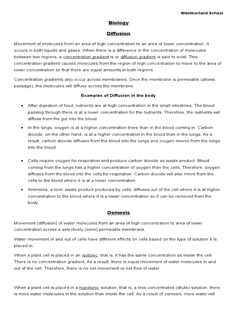 Biology Diffusion: Examples of Diffusion in The Body | PDF | Osmosis ...