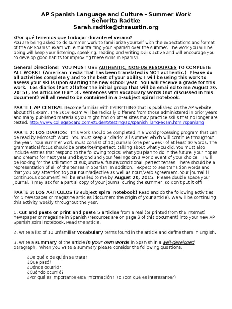 AP Spanish Summer Work Overview | PDF | Verb | Grammatical Tense