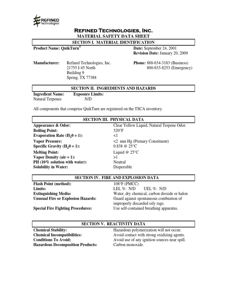 Refined Technologies, Inc.: Material Safety Data Sheet | PDF | Dangerous Goods | Combustion