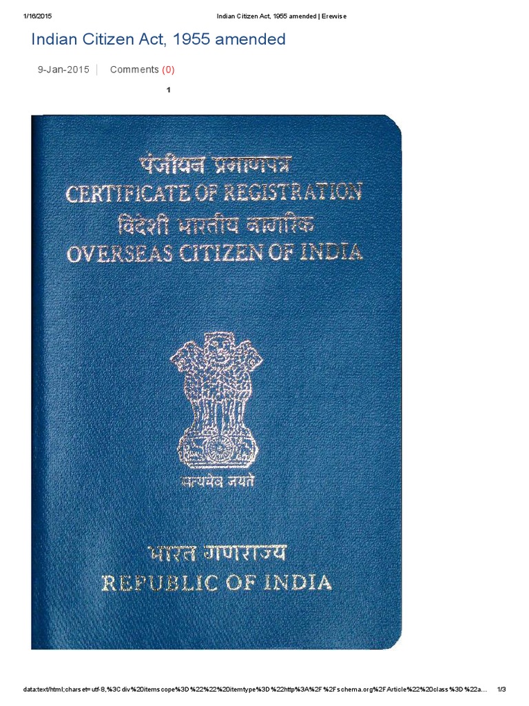 Indian Citizen Act, 1955 Amended - Erewise | PDF | International ...